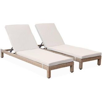Sweeek Ensemble de 2 Bains de soleil en r&eacute;sine tress&eacute;e lounge Pisa transat Naturel / Beige