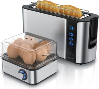 Arendo 2-teiliges Fr&uuml;hst&uuml;cksset, 2-Scheiben Langschlitztoaster frukost, 8er Eierkocher, Silber - Arendo