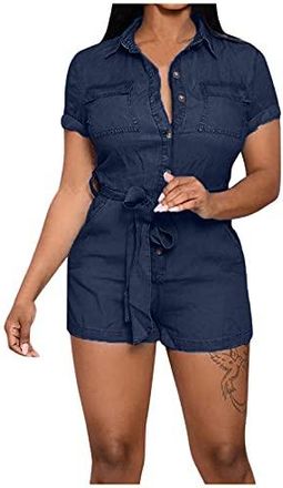 Generic Combinaison en jean pour femme petite taille - Combinaisons courtes d&eacute;t&eacute; pour femmes - Combinaisons de sortie en denim court salopette short combinais