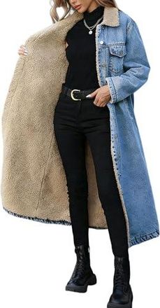 Generic Veste en jean longue doubl&eacute;e Sherpa pour femme - Manteau dhiver en jean d&eacute;contract&eacute;, a blei, XS