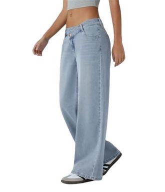 Generic Jean baggy taille basse pour femme, pantalon baggy en denim, pantalon en jean tendance, jambe droite, jean d&eacute;contract&eacute; d&eacute;lav&eacute;, bleu clair, S