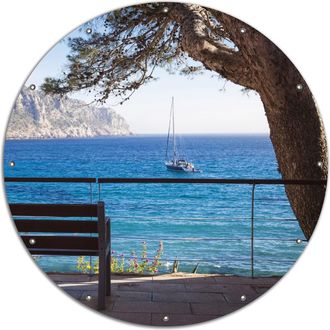 Wallario rundes Outdoor-Poster f&uuml;r Garten oder Balkon Einsame Bank am Meer - Spanien im Sommer, Motivbanner 120 cm Durchmesser