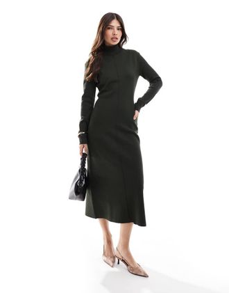 & Other Stories Robe longueur mollet en maille compacte avec col montant - Vert foncé