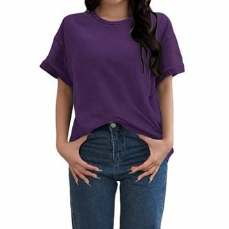 Generic Hauts en coton pour femme - T-shirt uni &agrave; manches courtes - T-shirt basique &agrave; col rond - T-shirt d&eacute;t&eacute; confortable et doux - Tunique ample pour les vac