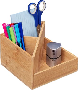 Relaxdays Stiftehalter Bambus, Schreibtisch Organizer, Büro, 3 Fächer, HxBxT: 10,5 x 16,5 x 16,5 cm, Stiftebox, Natur