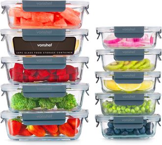 VonShef Glas Meal-Prep Boxen Set mit Deckel - 10-teiliges Frischhaltedosen, 1050 ml & 370 ml, ofen- & mikrowellengeeignet, sp&uuml;lmaschinenfest, auslaufsicher - 