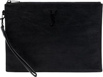 Saint Laurent Sac pochette en cuir gaufr&eacute; doccasion - Femme - Pre-owned - Noir - Taille: ONE Size
