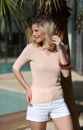 Passioni Sweater Sommerpullover aus Strukturstrick mit Perlendetail am Ausschnitt