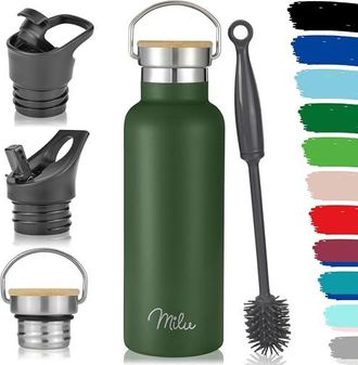 Milu Bouteille en acier inoxydable 350ml, 500ml, 750ml, 1l (+3 couvercles) - Bouteille thermo avec paille, bouteille deau, pour boissons chaudes, froides e