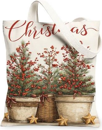 Generic Sacs fourre-tout en toile motif plantes de No&euml;l, sacs d&eacute;picerie r&eacute;utilisables, l&eacute;gers et lavables pour la plage, les pique-niques, blanc, 13x15 Inch