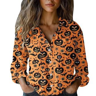 Generic Chemises dhalloween pour Femme - Style Vacances Saison Effrayante Visage de Citrouille Chemisier Graphique &agrave; col en V Boutonn&eacute; Manches Longues Chemisi