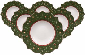 Villeroy & Boch Toys Delight Gr&uuml;ner Suppenteller, 6er Set, 26 cm, Premium Porzellan, Essteller, Weihnachtsgeschirr, Tiefer Teller