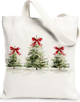 Generic Sacs fourre-tout en toile motif arbres de No&euml;l, sacs d&eacute;picerie r&eacute;utilisables, l&eacute;gers et lavables avec bandouli&egrave;re en toile F, Blanc, 13x15 Inch