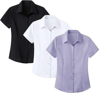 Generic Lot de 3 chemisiers &agrave; manches courtes pour femme - D&eacute;contract&eacute; - Coupe droite - Col en V - Boutonn&eacute; - Couleur unie - D&eacute;contract&eacute; - Basique - Chemise d