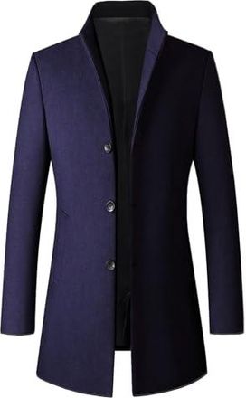 Generic Trench-coat mi-long &agrave; col crant&eacute; pour homme, coupe ajust&eacute;e, d&eacute;contract&eacute;, thermique, pour hommes, caban en laine m&eacute;lang&eacute;e, coupe-vent, bleu, 4XL