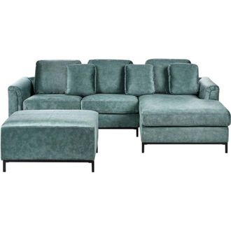 Beliani 5-Sitzer Ecksofa Links Blaugr&uuml;n Samt mit Ottomane u. Kissen Schwarze Metallbeine Edelstahlf&uuml;&szlig;e L-F&ouml;rmig Modern f&uuml;r Wohnzimmer
