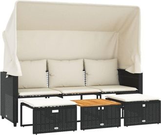 vidaXL Outdoor-Sofa 3-Sitzer mit Dach und Hockern Schwarz Poly-Rattan - Vidaxl