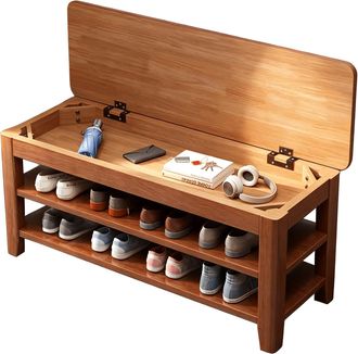 Generic Schuhbank mit Stauraum Klappbares Staufach Massivholzrahmen Sitzbank mit Stauraum Bis 220 Kg Belastbar Schuhschrank mit Sitzbank f&uuml;r Eingangsbereich, 
