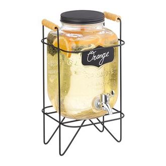 Relaxdays Getränkespender mit Ständer, Limobehälter 4 l, Zapfhahn und Deckel, Wasserspender, Glas, transparent/schwarz