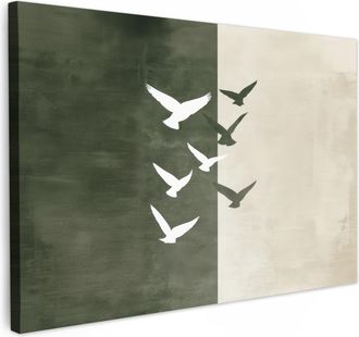 MuchoWow © Bild auf Leinwand Klein 30x20 cm Mini Schlafzimmer Bilder Badezimmer Wand Deko Wohnzimmer Modern Wanddeko Bilderwand Geschenk Japandi - Vogel - Grün