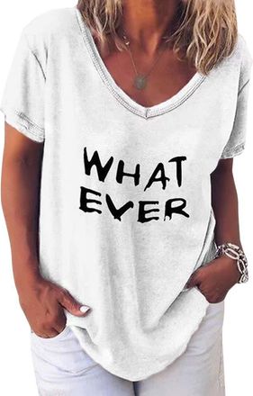 Minetom Damen Sommer Kurzarm Casual Blusen T-Shirt V-Ausschnitte Loose Oversize Shirt Einfarbig Casual Brief Bedruckt Asymmetrisch Oberteile Top C Wei&szlig; DE 38