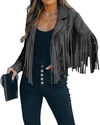 Generic Veste courte en daim synth&eacute;tique &agrave; franges pour femme, tenue occidentale, manteaux courts de moto, gris, XXL