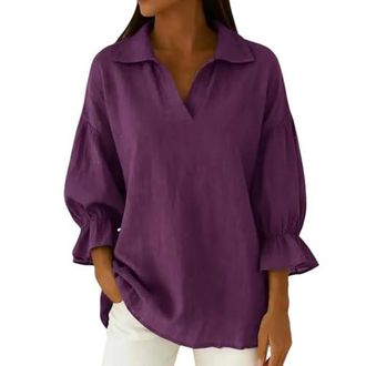 Generic Chemise Femme Coton Lin Chic Et Elegant Casual Chemises D&eacute;t&eacute; Manche Longue Et Col en V Lache Hauts Legers Respirant Tunic Mode Coton Et Lin Grande Tai