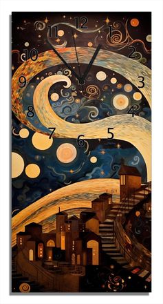 Wallario Design-Wanduhr, Acrylglasuhr Größe 30 x 60 cm, Schwarze Zeiger, Motiv Sternennacht über der Stadt