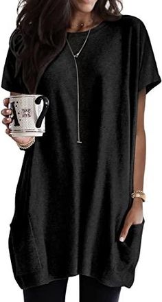 Minetom T-Shirt Femme Long Tshirt Oversize Col Rond Tee Shirts à Manche Courte Eté Longshirt AVCE Poches Casual Ample Top Blouse Chic Lâche Décontracté Haut L