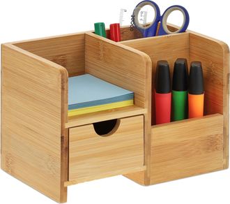 Relaxdays Schreibtisch Organizer, Schublade & Ablage, 2 Fächer, Bambus, Büro, Stiftehalter, HBT 14 x 20,5 x 13 cm, natur