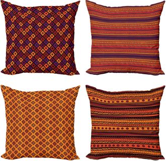 Abakuhaus Ethnisch Dekokissen Kissenbezug 4 er Pack, Tribal Folk Stripes Forms, Modern Accent Doppelseitiger Digitaldruck, 50 x 50 cm, Pflaume Orange