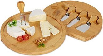 Relaxdays Käsebrett mit Käsemesser Set, HD 4 x 25 cm, drehbare Käseplatte, 4-TLG. Käsebesteck, Bambus & Edelstahl, Natur