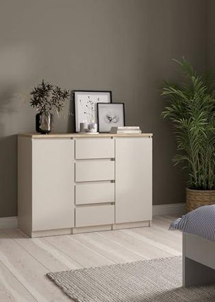 Dmora Vitrine Crodo, Wohnzimmerbuffet mit 2 T&uuml;ren und 4 Schubladen, Wohnzimmerschrank und K&uuml;chenschrank, 121x50 h91 cm, Beige