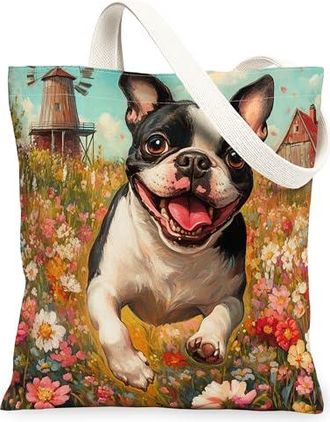 Generic Sac fourre-tout en toile pour le shopping Motif chien terrier de Boston 33 x 38 cm, sac d&eacute;picerie r&eacute;utilisable pour femme, motif floral amusant pour a