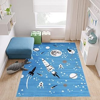 Tapiso Pinky Tapis de Chambre Enfant B&eacute;b&eacute; Fille Gar&ccedil;on Adulte Design Moderne Bleu Blanc Moitif Fus&eacute;es Spatiales Plan&egrave;tes Tapis de Jeu Poil Court Fin Doux R&eacute;s