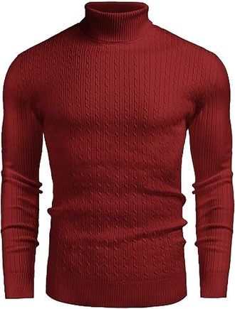 Coofandy Pull à col roulé en tricot fin pour homme - Coupe ajustée - Col roulé - Pull dhiver pour homme, Rouge, M