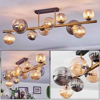 HOFSTEIN Deckenleuchte Chehalis, 10-flammige Deckenlampe aus Metall/Riffelglas in Schwarz/Gold/Bernstein/Rauch, Retro/Vintage-Leuchte (Schirme &Oslash; 10; 12; 15 cm)