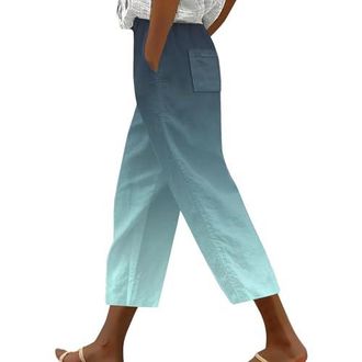Generic Pantalon court en coton et lin pour femme - Longueur 3/4 - Pantalon de marche d&eacute;grad&eacute; - Short capri &agrave; jambe large - Short de plage d&eacute;t&eacute; - Pantalon cou