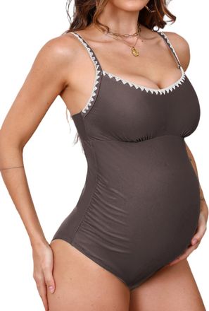 Cupshe Damen Maternity Badeanzug U Ausschnitt H&auml;kelkante Zierausschnitte Einteilige Einteilige Umstandsbademode Swimsuit Taupe XL
