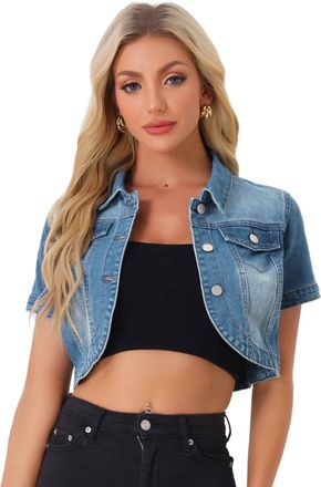 Allegra K Damen Jeansjacke Leichte Übergangsjacke Revers Kurzarm Bauchfreie Denim Jacke Denim Blue XL