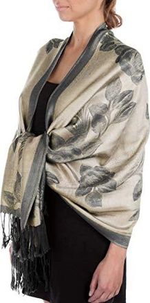 Sakkas PashRose06AG l&eacute;ger deux tons Rose Floral Fringe conception Pashmina Foulard/vol&eacute;/Wrap - Beige/Noir