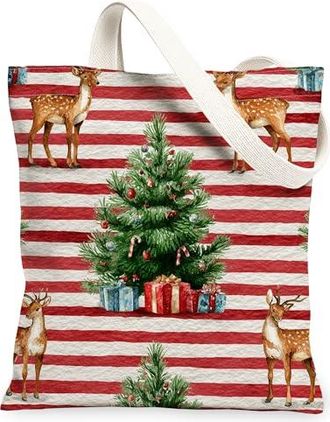 Generic Sacs fourre-tout en toile de No&euml;l, motif cerf et arbre, sacs r&eacute;utilisables respectueux de lenvironnement, vacances rustiques, l&eacute;g&egrave;res et lavables en t