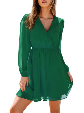 Cupshe Damen Kleid V Ausschnitt Wickeloptik Transparente Lange &Auml;rmel Blumenmuster Freizeitkleider Wrap Mini Dress Hunter Green XS
