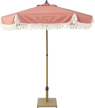 Sweeek Parasol HOSSEGOR droit &agrave; franges 2m. terracotta. acier. m&acirc;t effet bois. UPF 30+. D 200 x H 225 cm