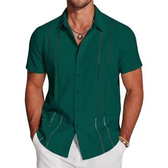 Generic Chemise pour homme Cuba Guayabera exquise brod&eacute;e boutonn&eacute;e sur le devant, chemise d&eacute;contract&eacute;e d&eacute;t&eacute; pour la plage, le camping, Vert, 5XL