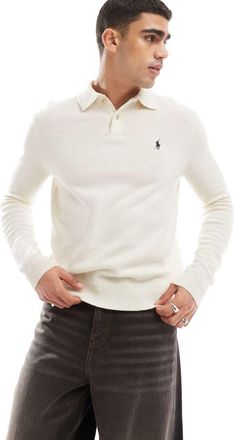 Polo Ralph Lauren Polo manches longues en maille de coton avec logo emblématique - Crème-Blanc