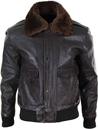 Infinity Leather Veste pour Homme Style aviateur Bomber en Cuir véritable col fourré Amovible - Marron 3XL