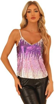 Allegra K Top Pailleté Femme Bretelles Spaghetti Brillant Scintillant pour Fête Soirée Argent Violet Clair M