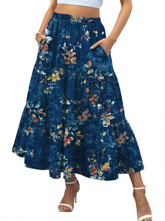 Zeagoo Maxirock Damen Lang Hohe Taille Rock Sommerrock L&auml;ssig Skirt Elegant Blumen Plisseerock Double Layer Rock mit Taschen Floral Blau XL