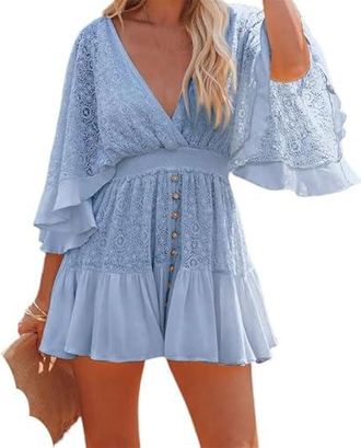 Generic Robe barboteuse dos nu &agrave; manches chauve-souris pour femme en dentelle crochet mini volants jupe grenouill&egrave;re fluide pour femme pour la plage, bleu, S